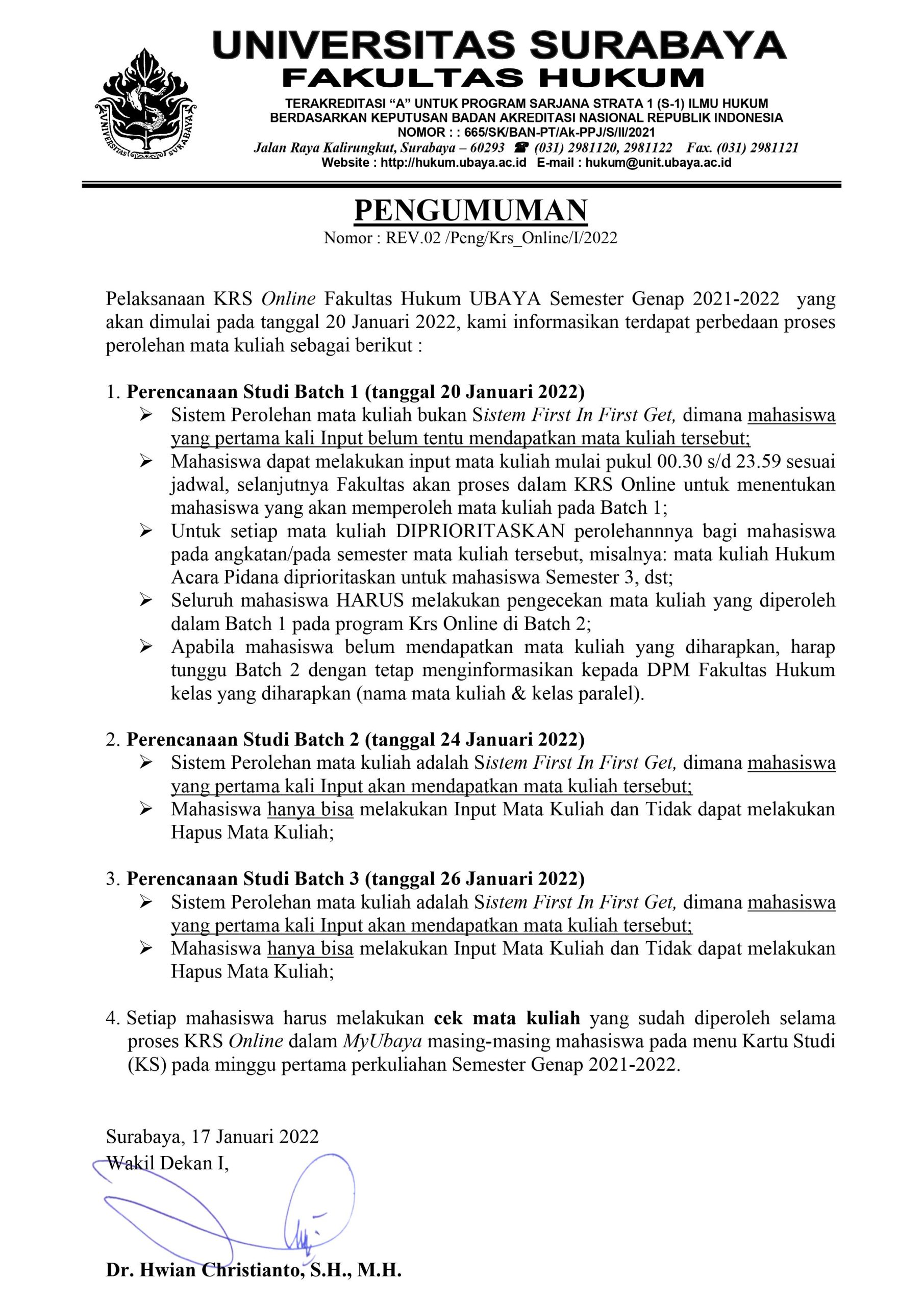 Pengumuman Pelaksanaan KRS Online Semester Genap 2021-2022 (Revisi) Pengumuman Pelaksanaan KRS Online Semester Genap 2021-2022 (Revisi)