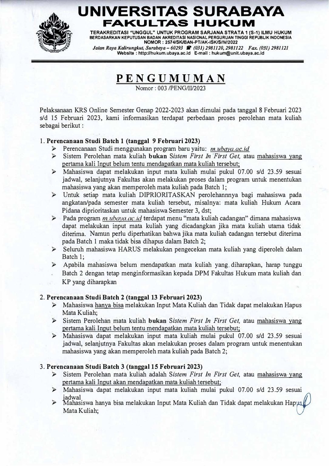 Pengumuman KRS Semester Genap 2022 2023