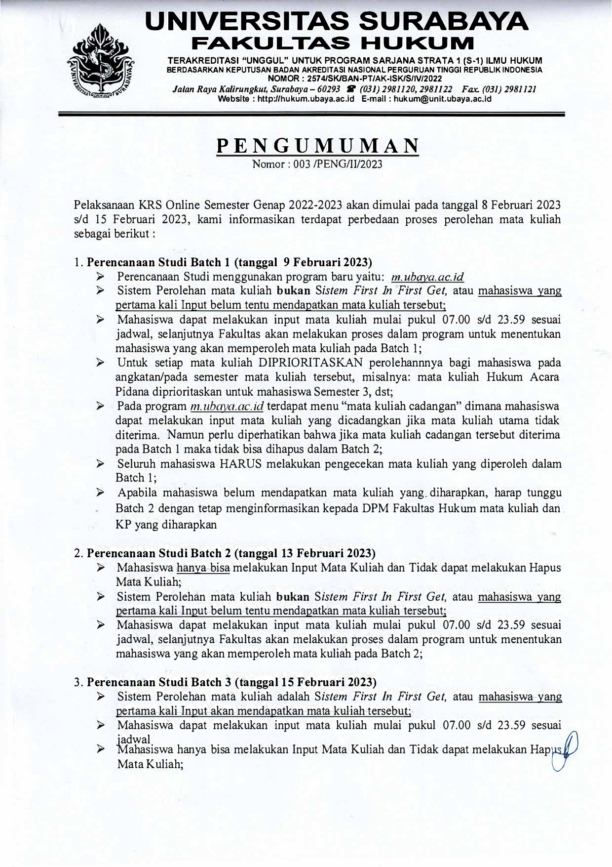 Pengumuman KRS Semester Genap 2022 2023