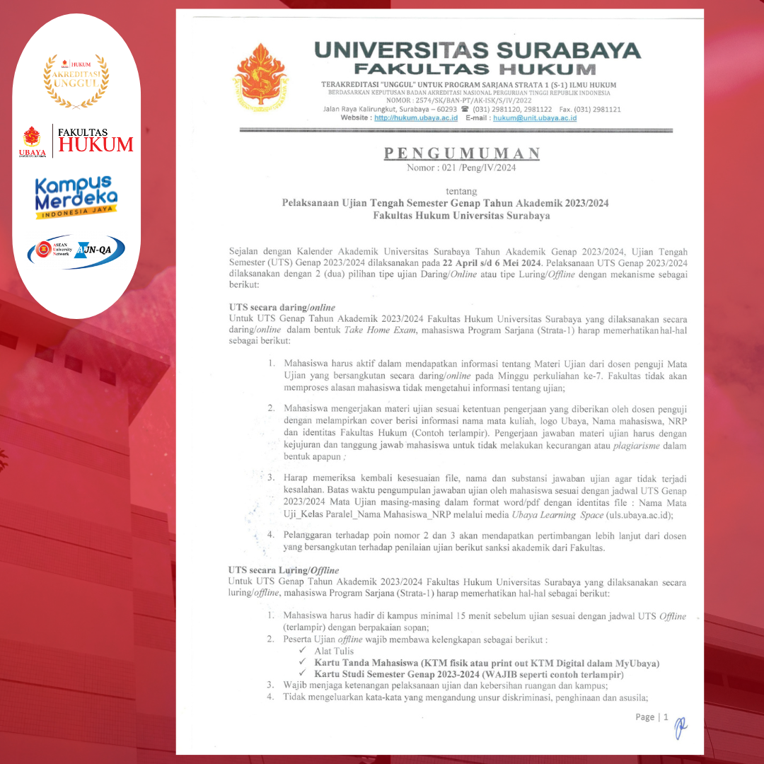 Pengumuman Jadwal dan Peraturan UTS Genap 2023/2024