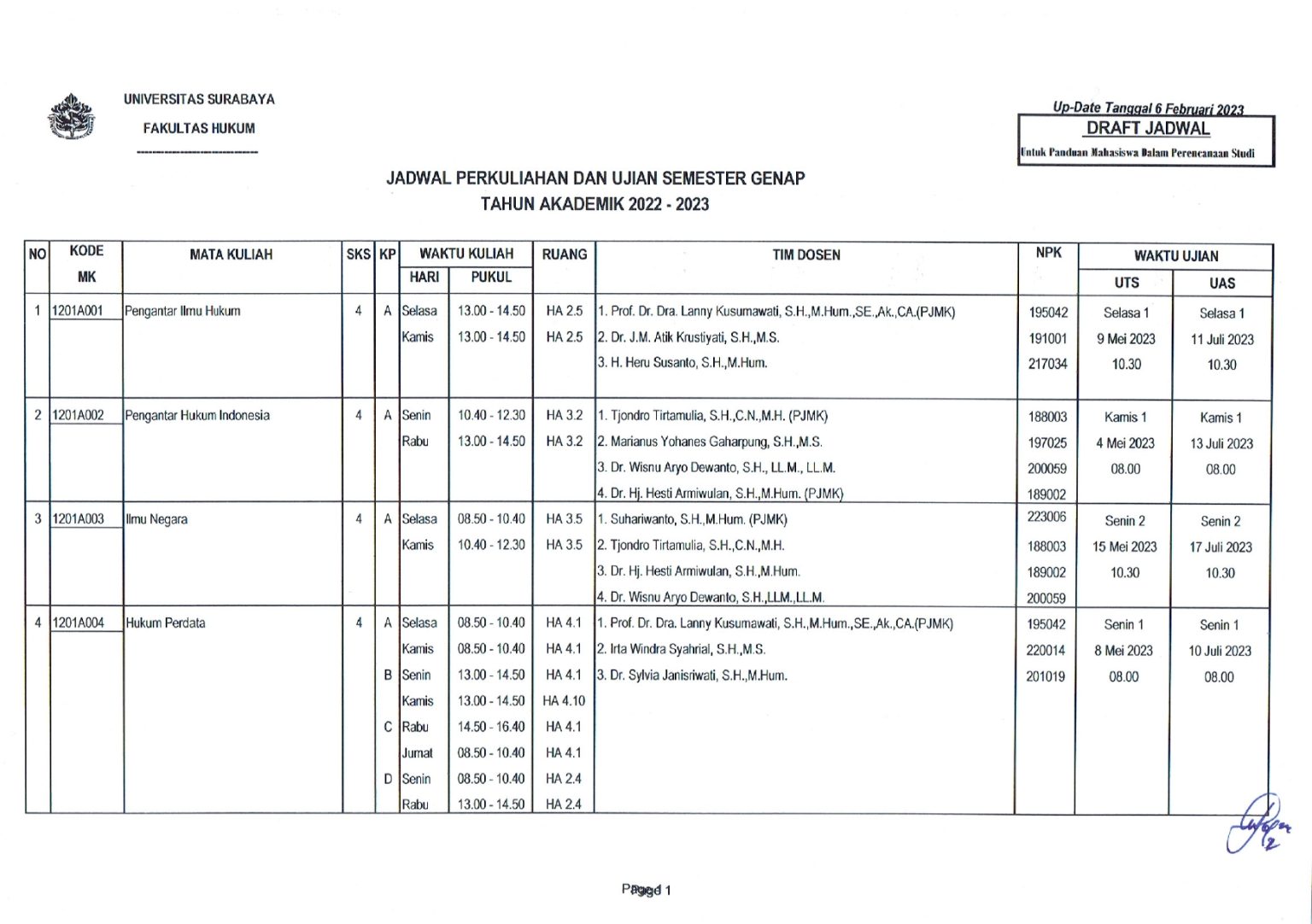 DRAFT Jadwal Perkuliahan Smt Genap 2022-2023